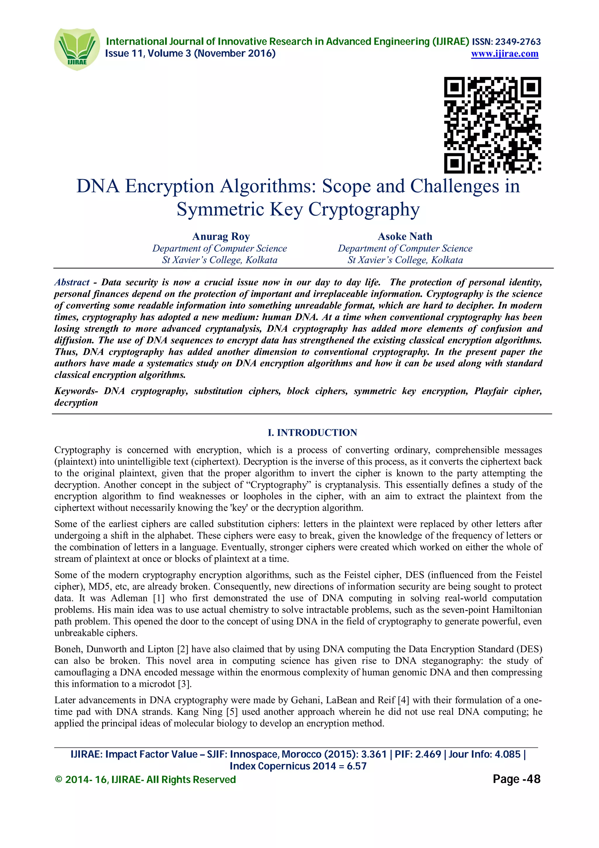 Dna Encryption Algorithms Scope And Challenges In Symmetric Key Cryptography Pdf