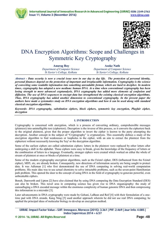 DNA Encryption Algorithms: Scope and Challenges in Symmetric Key Cryptography | PDF ...