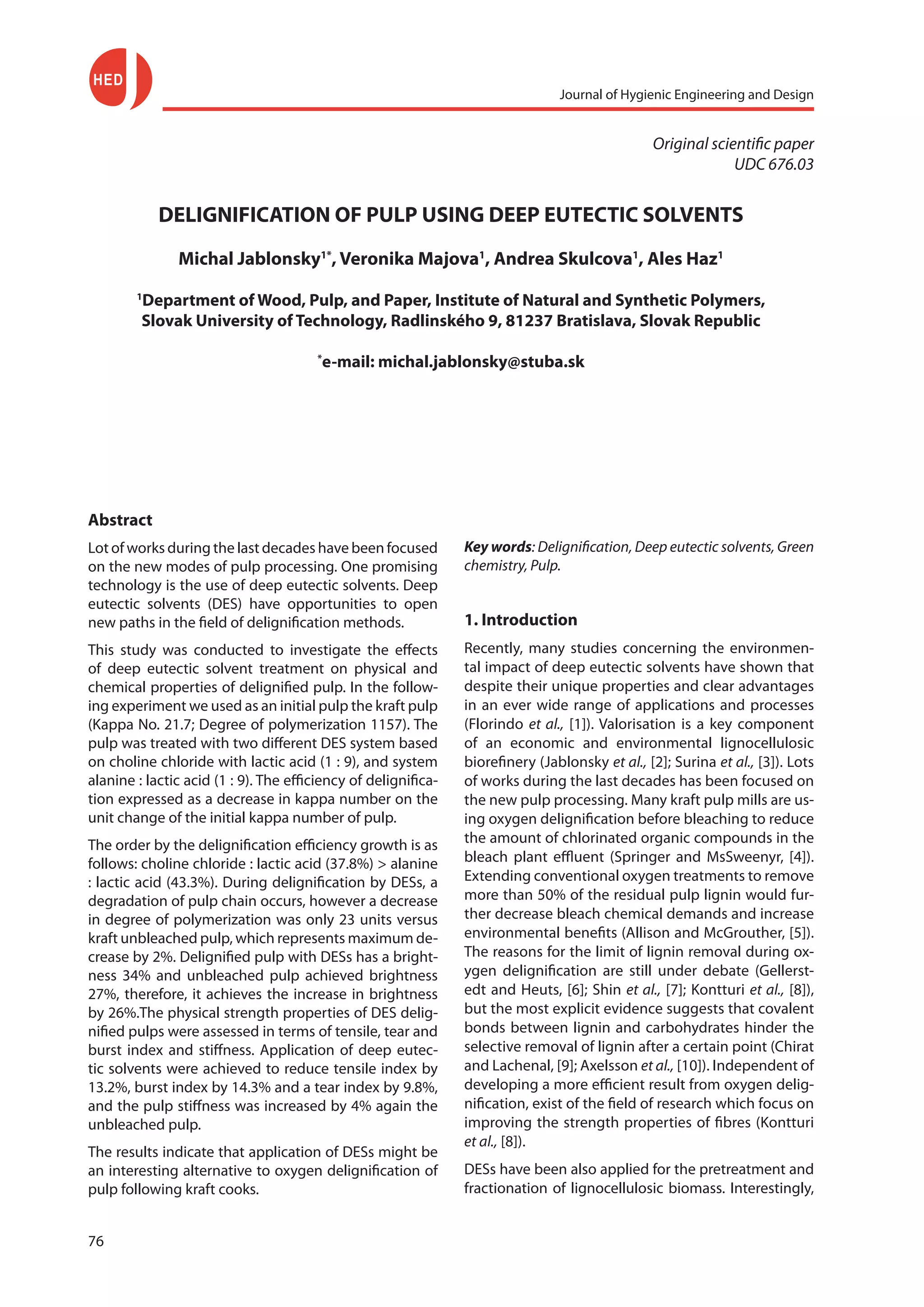 Delignification of pulp using deep eutectic solvents | PDF