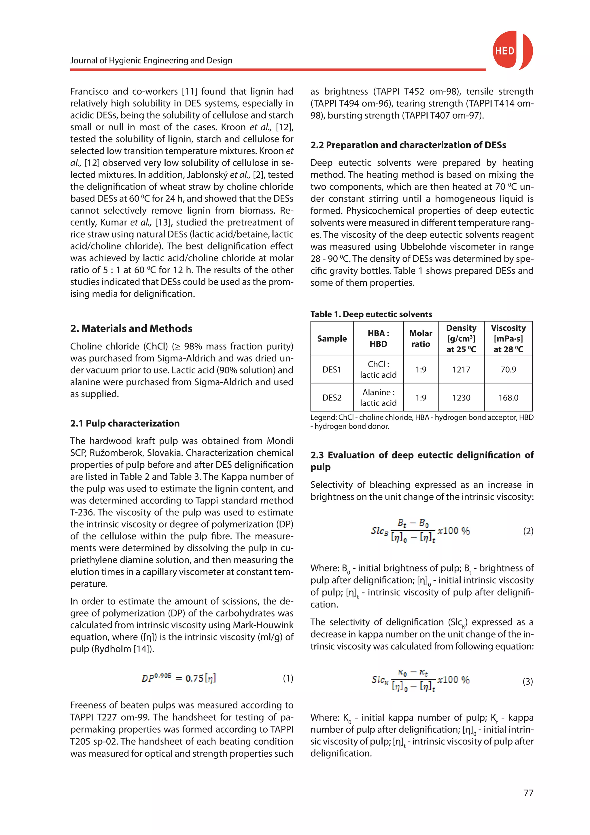 Delignification of pulp using deep eutectic solvents | PDF