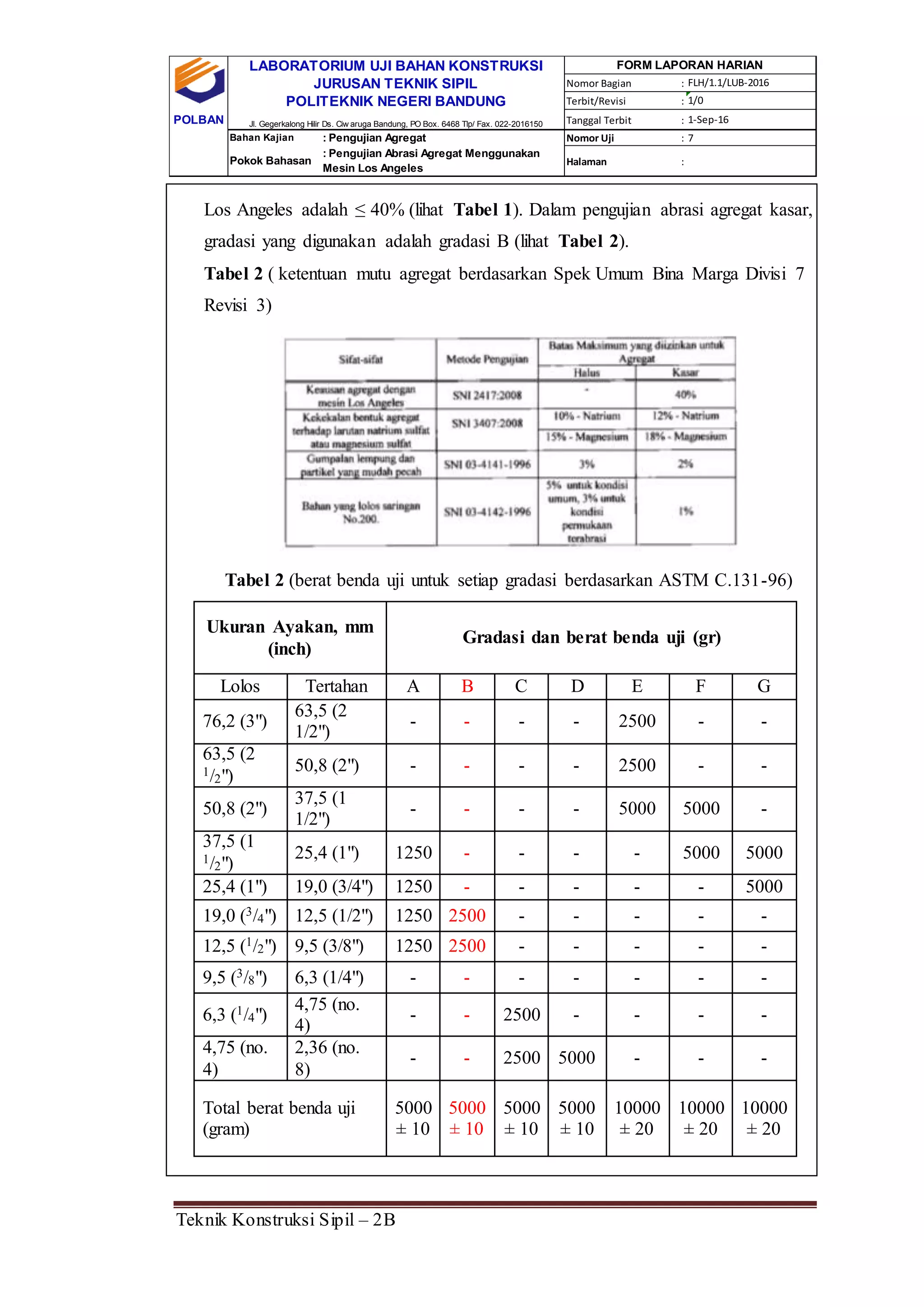 07. pengujian abrasi agregat halus dan kasar menggunakan mesin los angeles (maldi) | DOCX