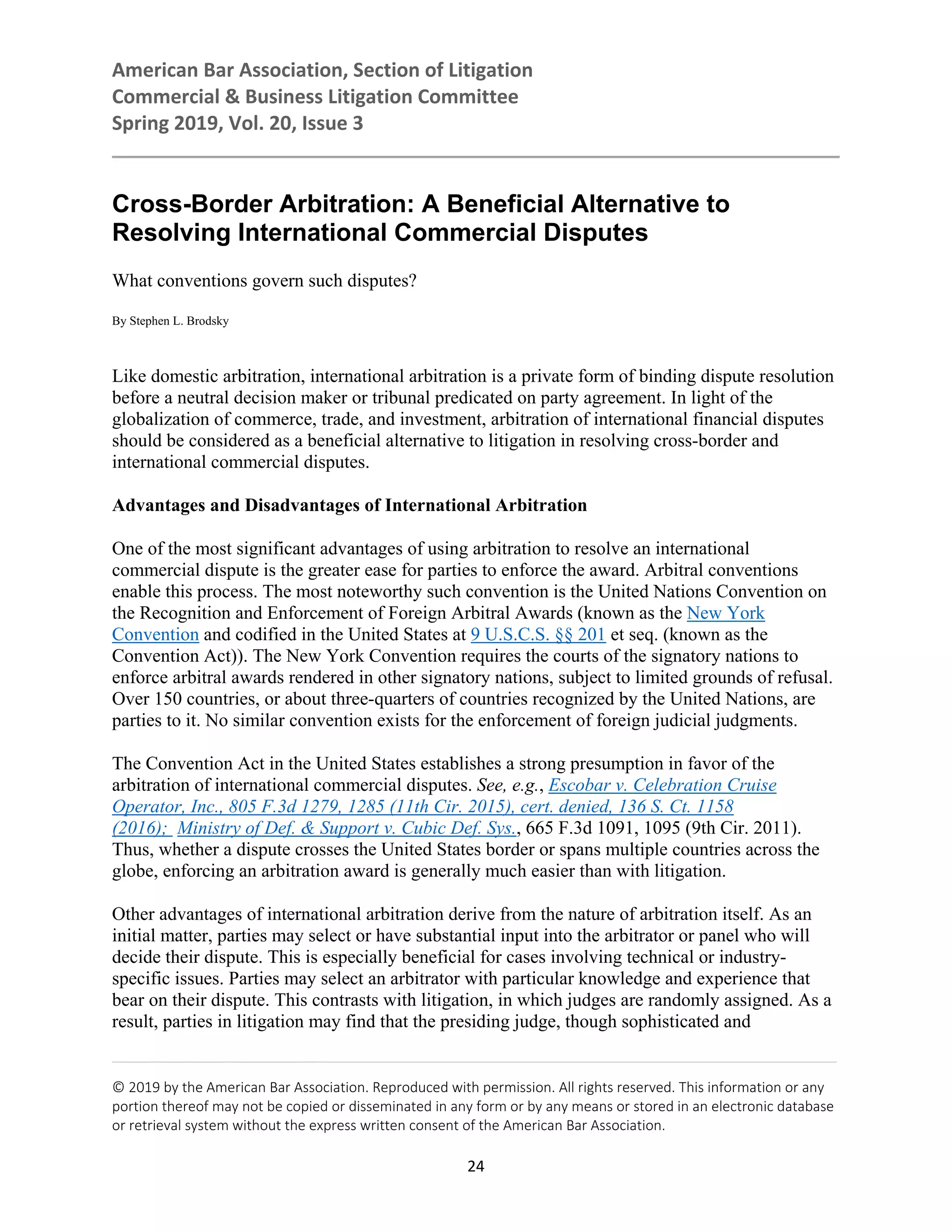The Benefits of Arbitrating International Commercial Disputes | PDF