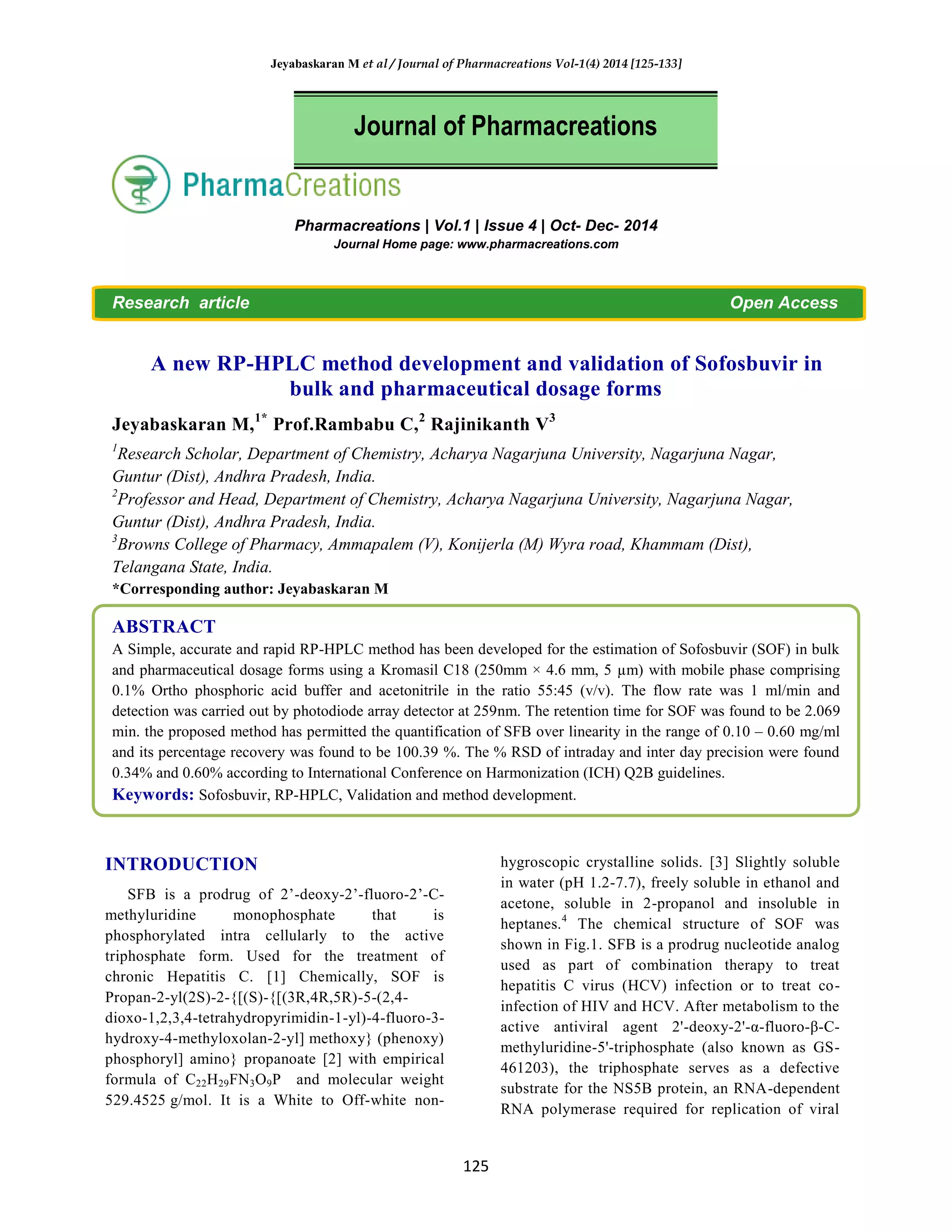 A new RP-HPLC method development and validation of Sofosbuvir in bulk and pharmaceutical dosage ...