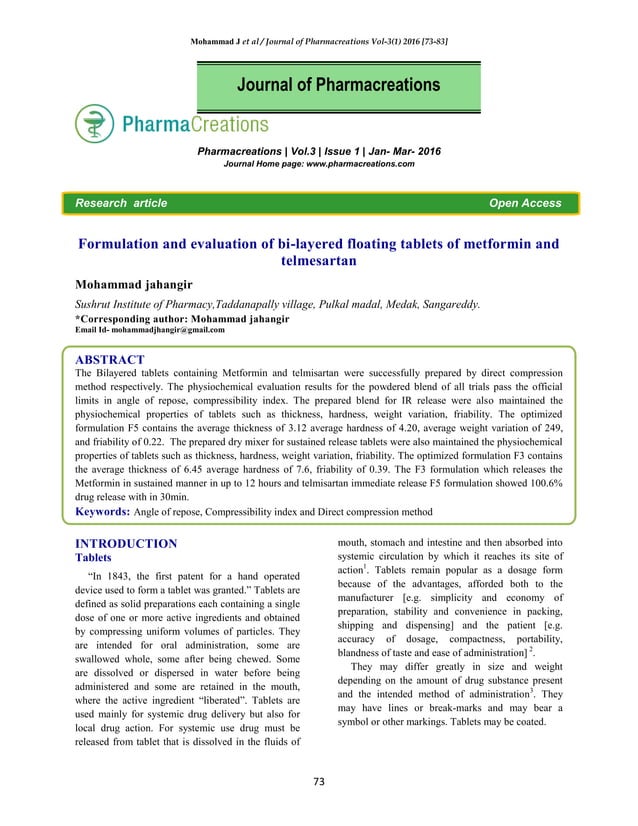 Formulation and evaluation of bi-layered floating tablets of metformin and telmesartan | PDF