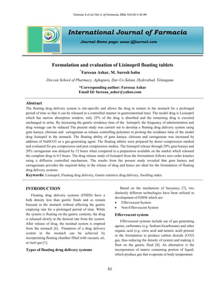 Formulation and evaluation of Lisinopril floating tablets | PDF