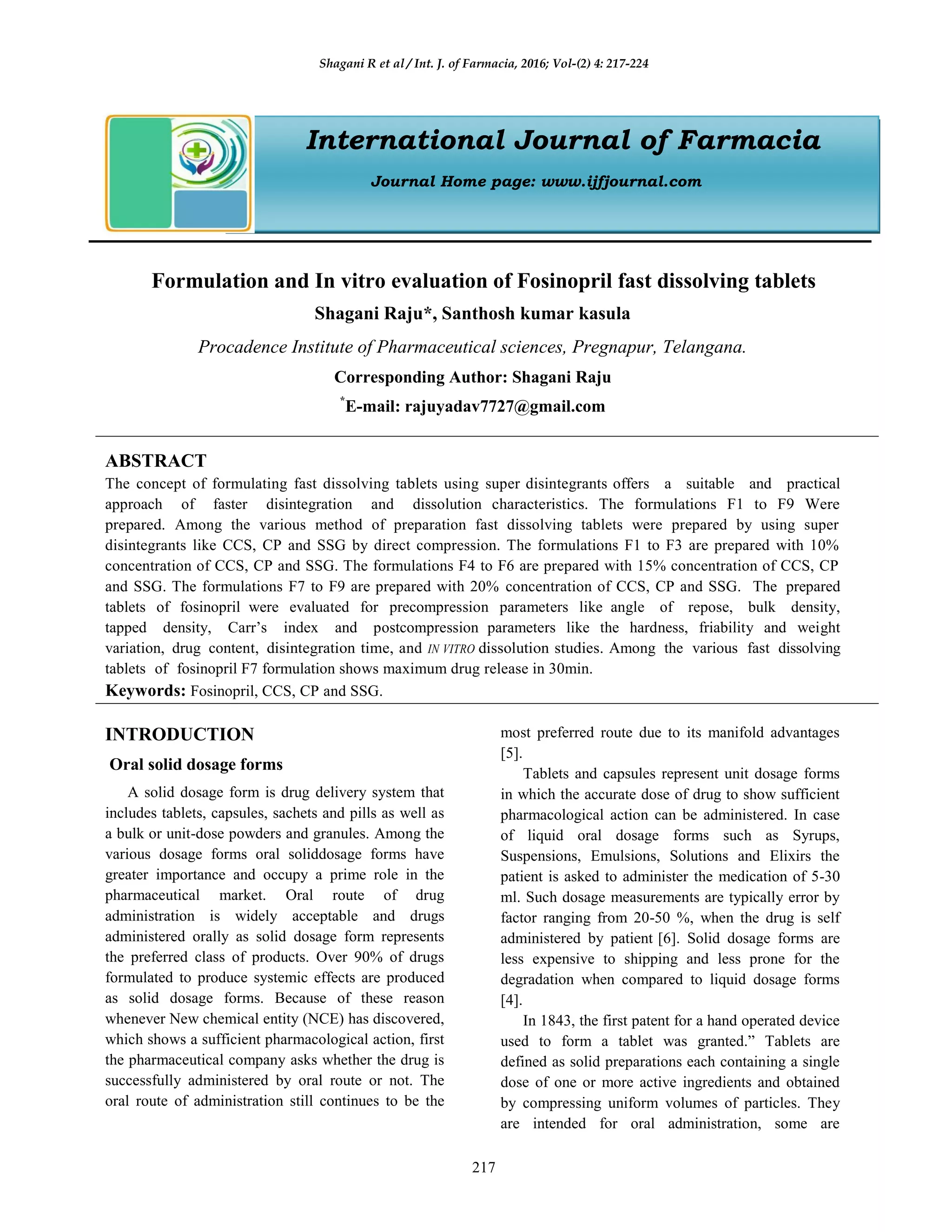 Formulation and In vitro evaluation of Fosinopril fast dissolving ...