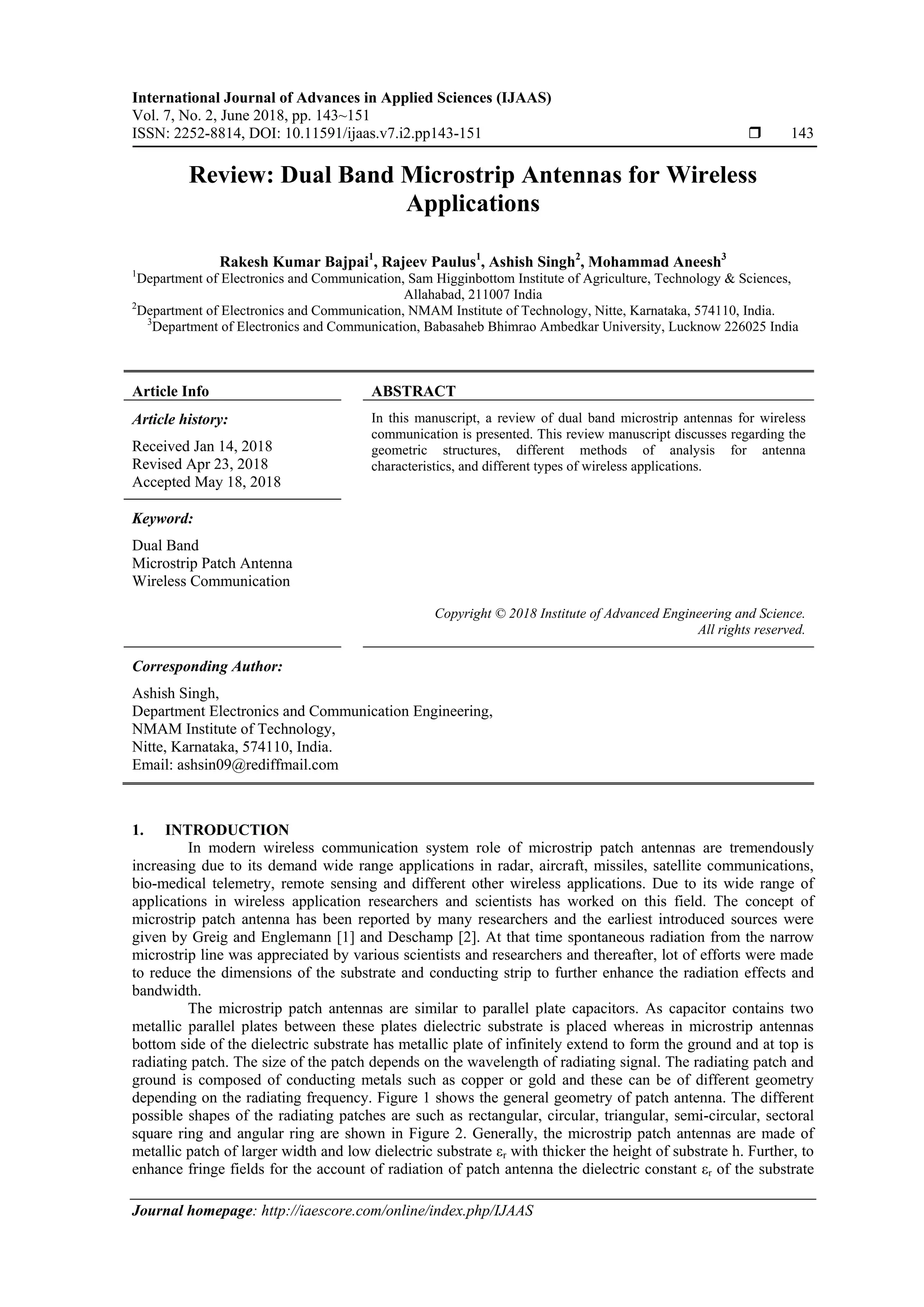 Review: Dual Band Microstrip Antennas for Wireless Applications | PDF