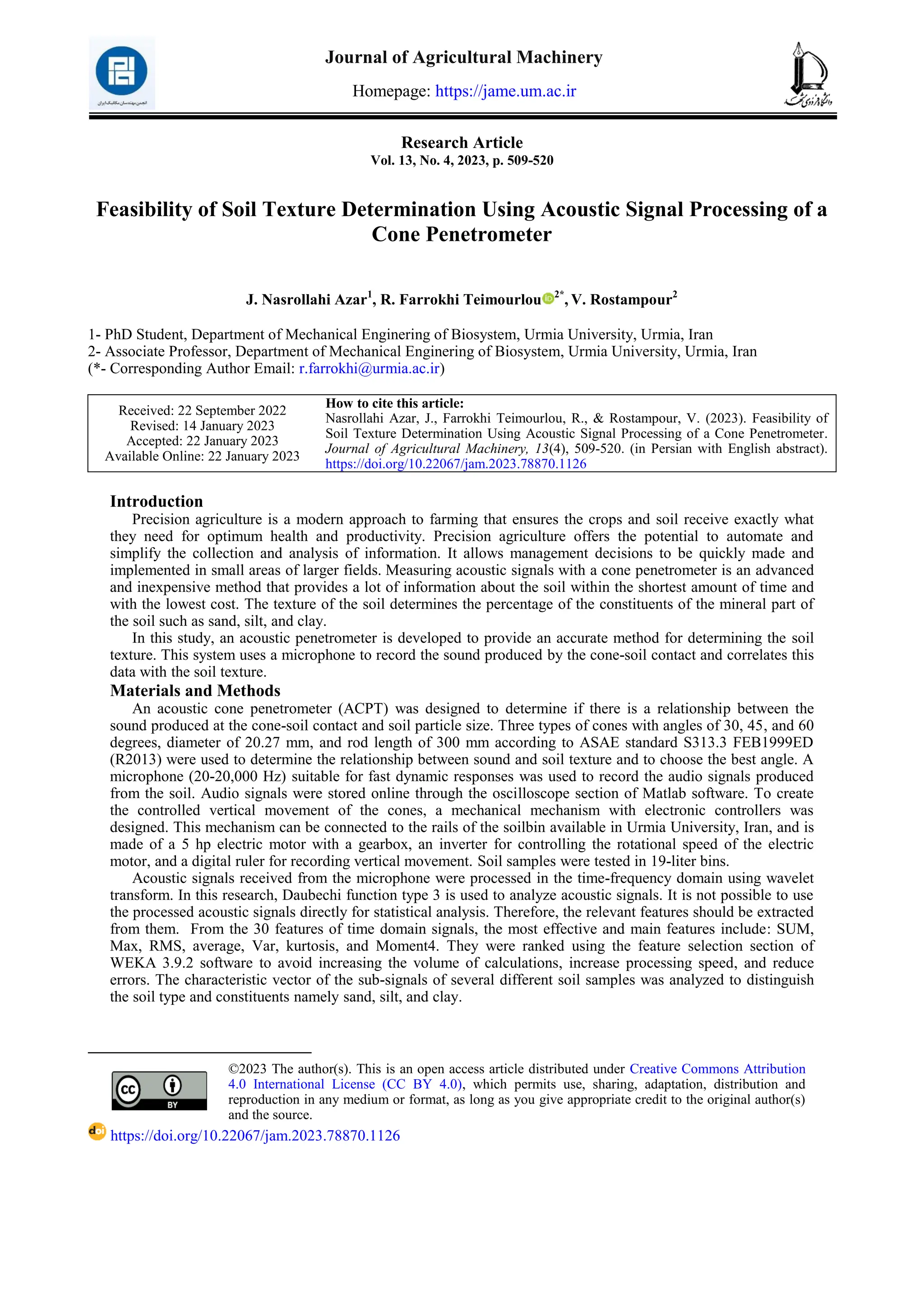 Feasibility of Soil Texture Determination Using Acoustic Signal Processing of a Cone ...