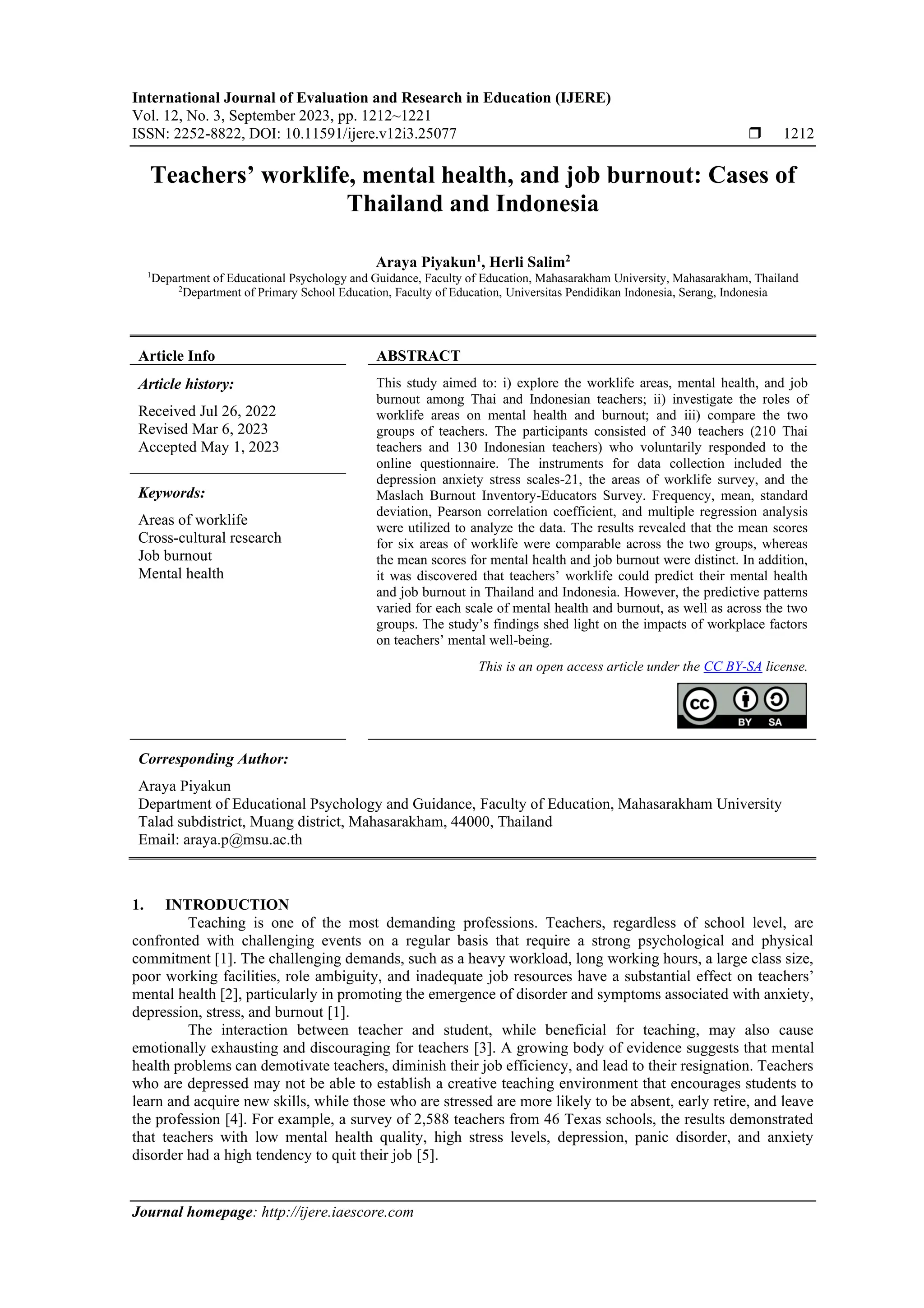 Teachers’ worklife, mental health, and job burnout: Cases of Thailand and Indonesia | PDF
