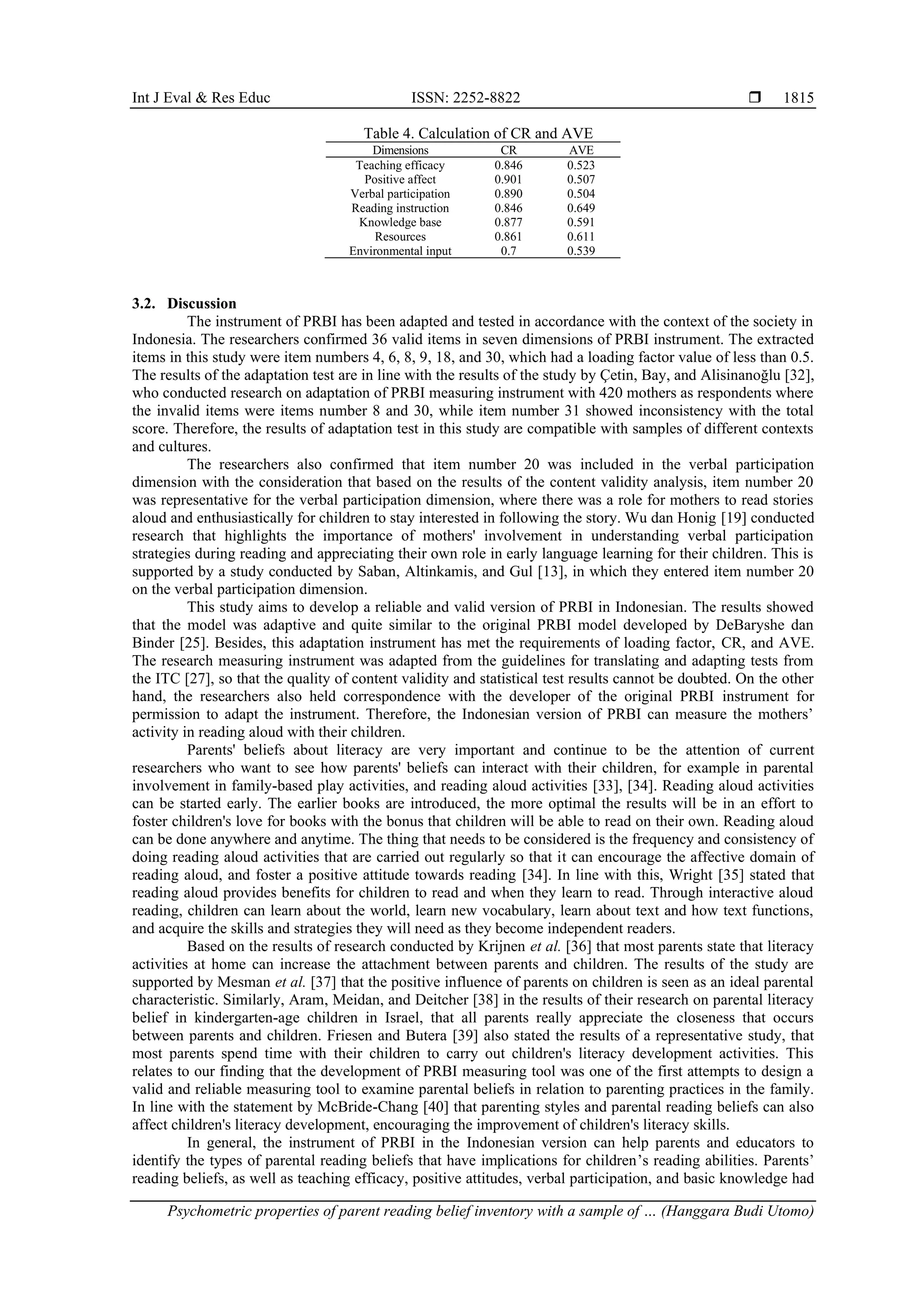 Psychometric properties of parent reading belief inventory with a ...