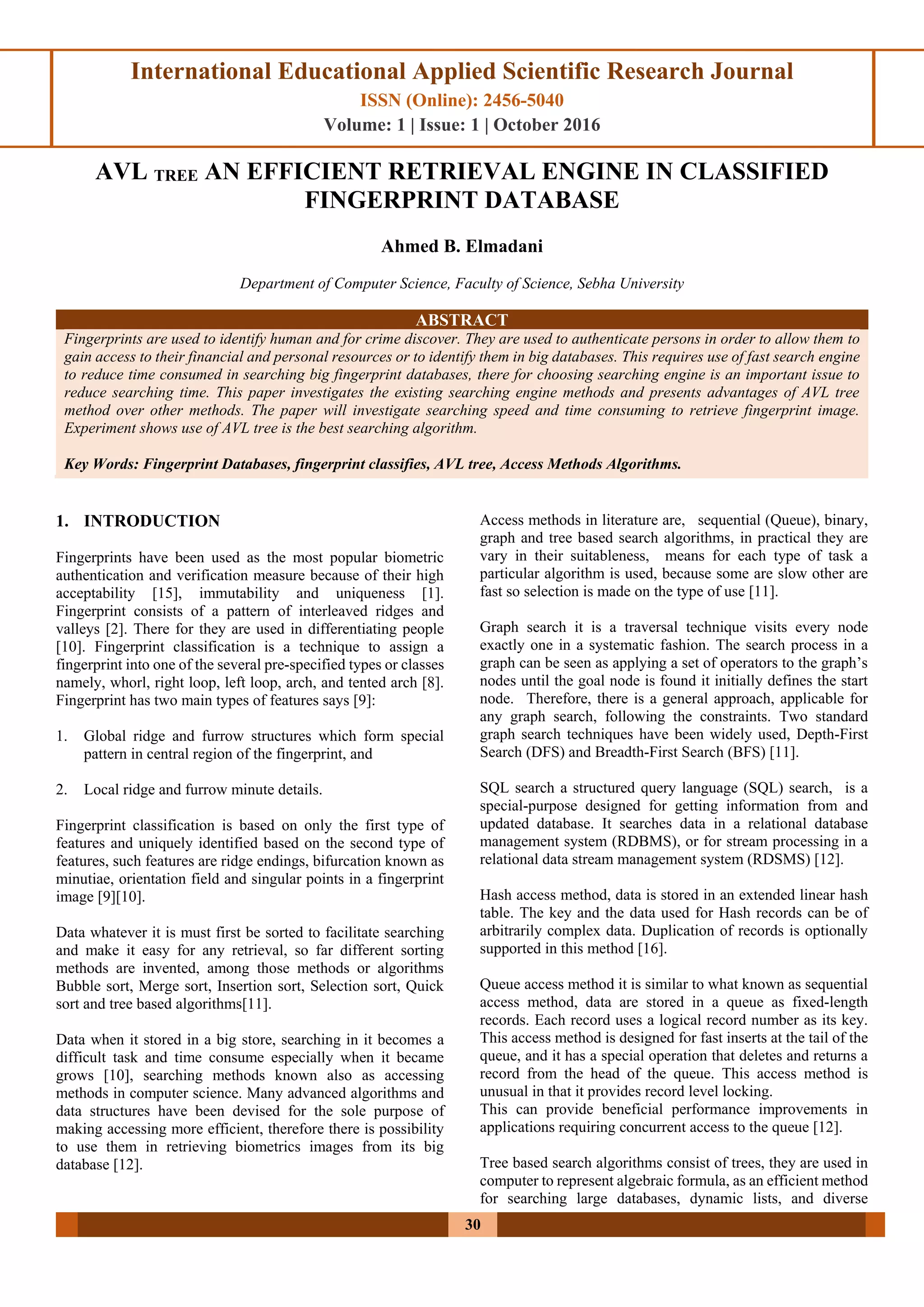 AVL TREE AN EFFICIENT RETRIEVAL ENGINE IN CLASSIFIED FINGERPRINT DATABASE | PDF