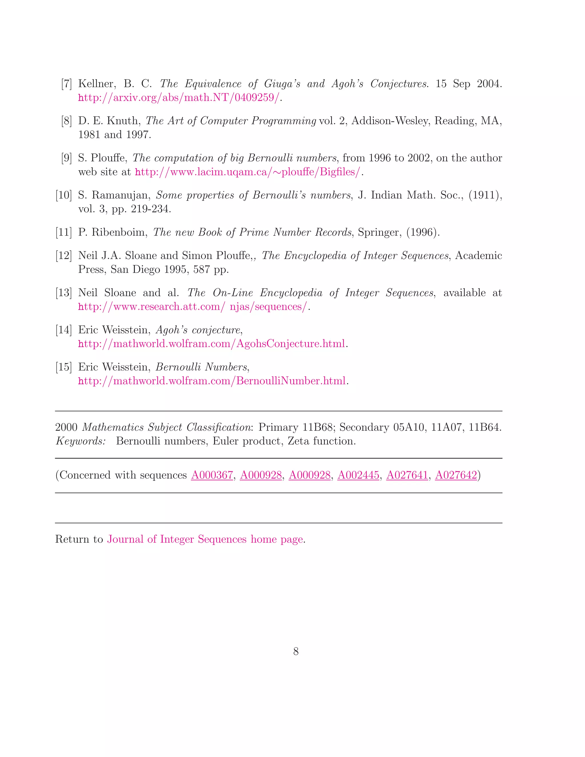 An Efficient Algorithm For The Computation Of Bernoulli Numbers Pdf Science