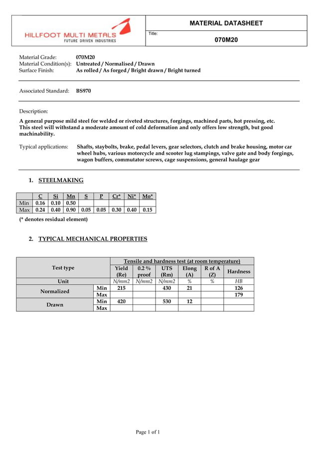 070m20 Low Carbon Steel (Mild Steel) - Hillfoot Multi Metals | PDF