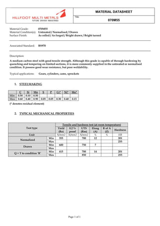 070M55 Steel - Hillfoot Multi Metals | PDF