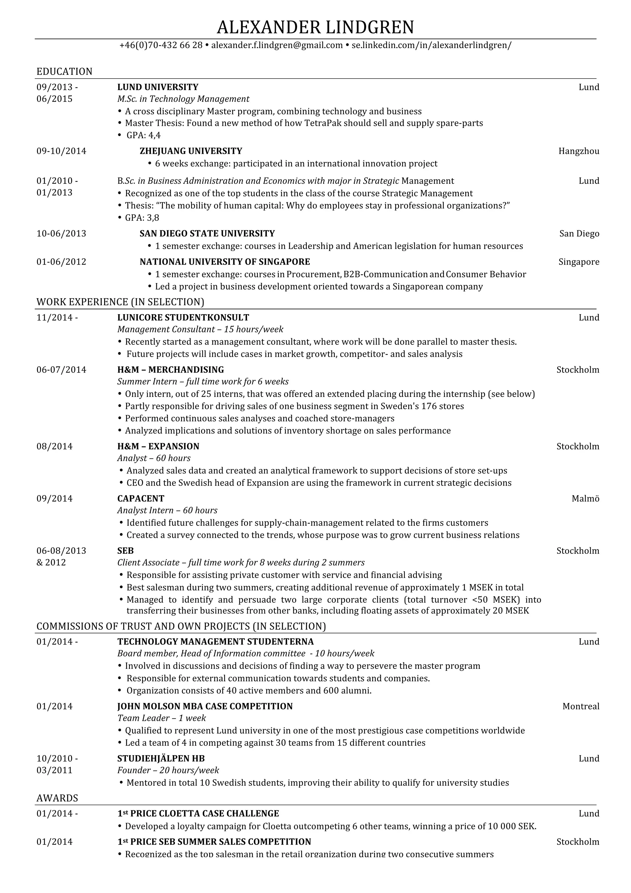 Curriculum Vitae - Alexander Lindgren | PDF