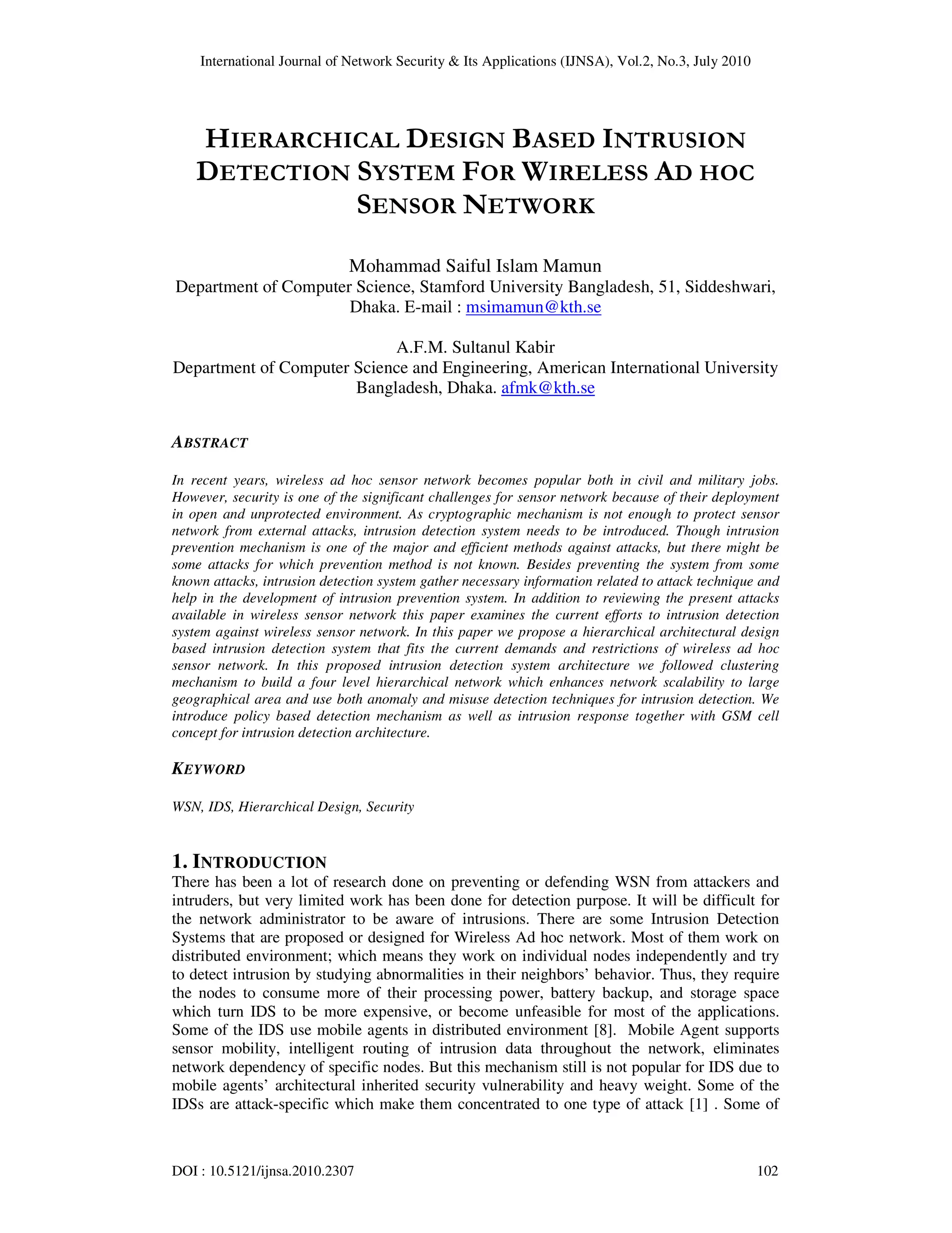 Hierarchical Design Based Intrusion Detection System For Wireless Ad Hoc Sensor Network Pdf