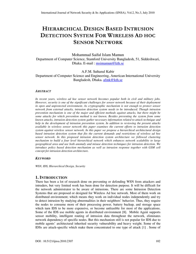 HIERARCHICAL DESIGN BASED INTRUSION DETECTION SYSTEM FOR WIRELESS AD HOC SENSOR NETWORK | PDF