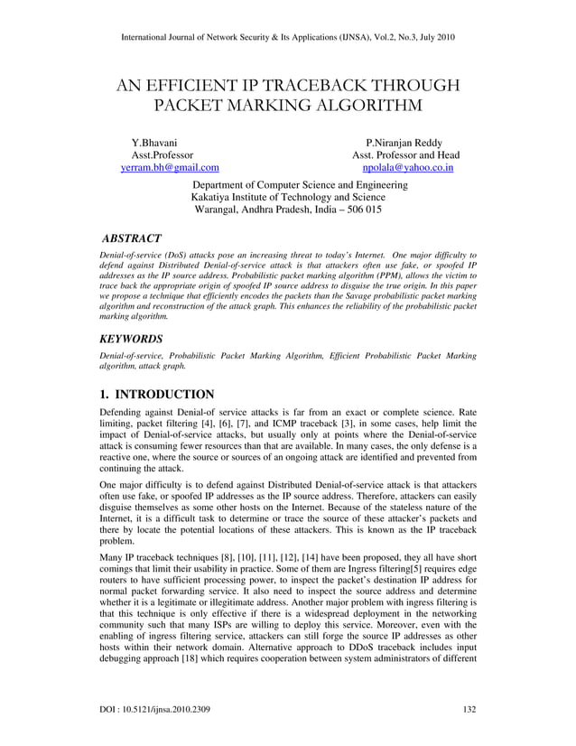 AN EFFICIENT IP TRACEBACK THROUGH PACKET MARKING ALGORITHM | PDF