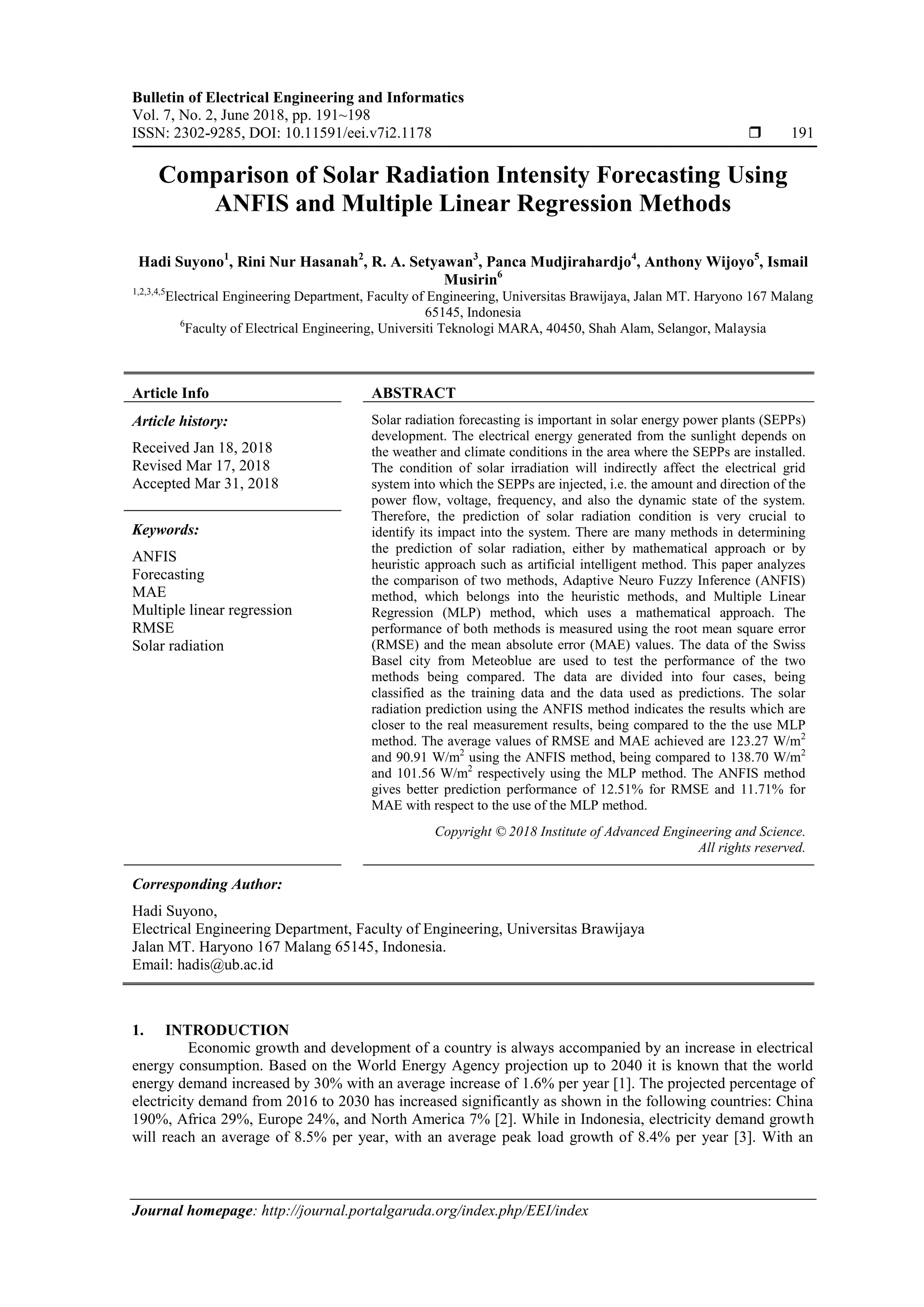 Comparison of Solar Radiation Intensity Forecasting Using ANFIS and Multiple Linear Regression ...