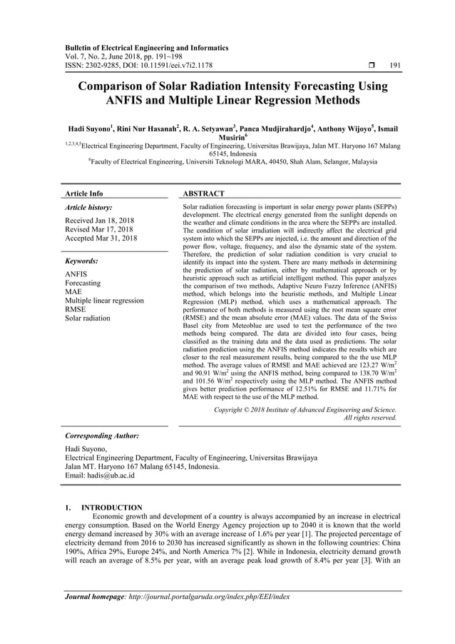 Comparison of Solar Radiation Intensity Forecasting Using ANFIS and Multiple Linear Regression ...