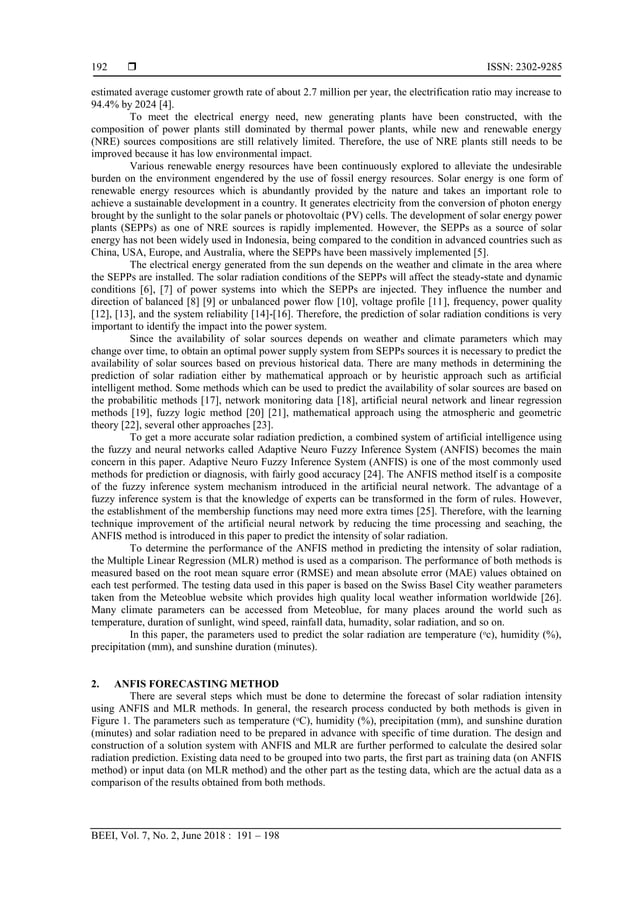 Comparison Of Solar Radiation Intensity Forecasting Using Anfis And Multiple Linear Regression