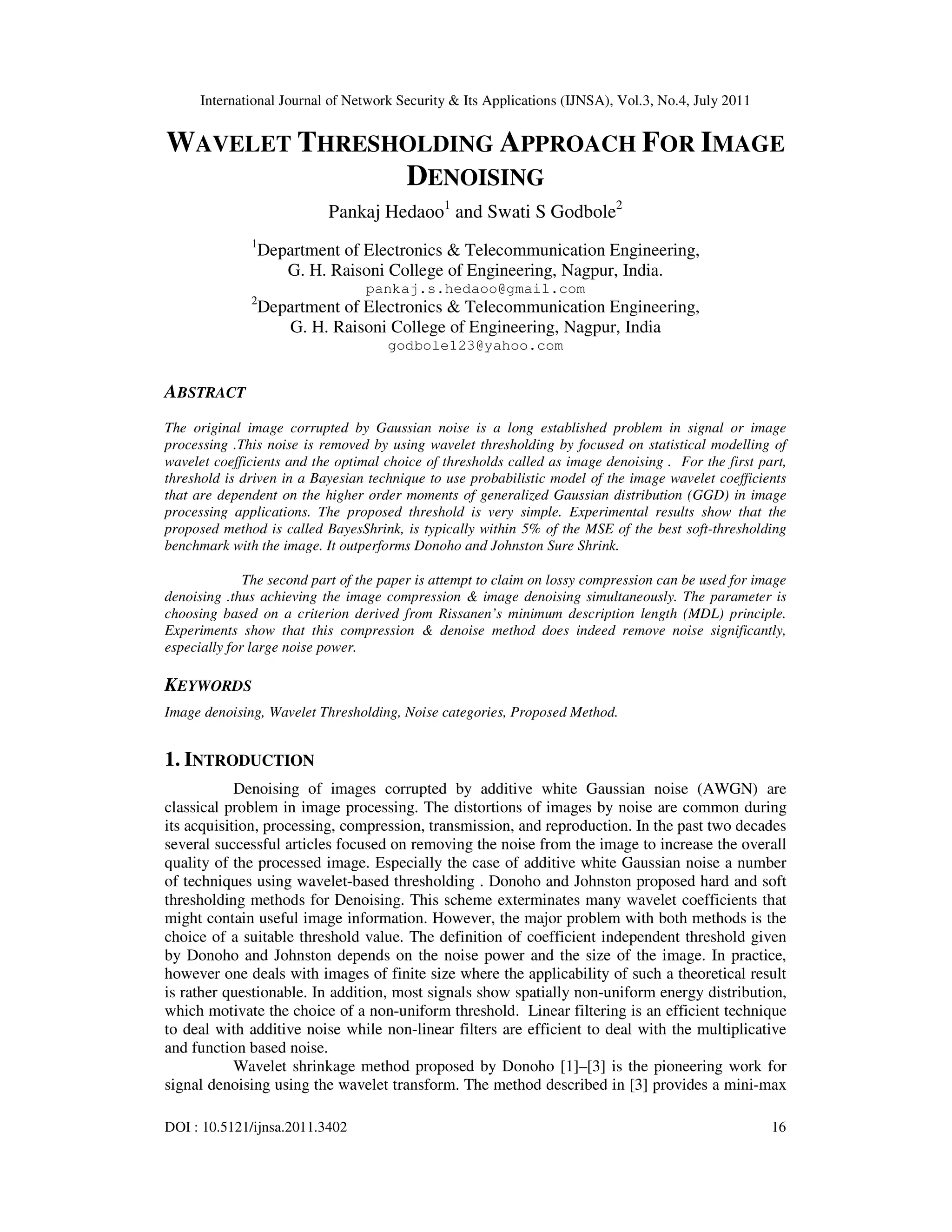WAVELET THRESHOLDING APPROACH FOR IMAGE DENOISING | PDF
