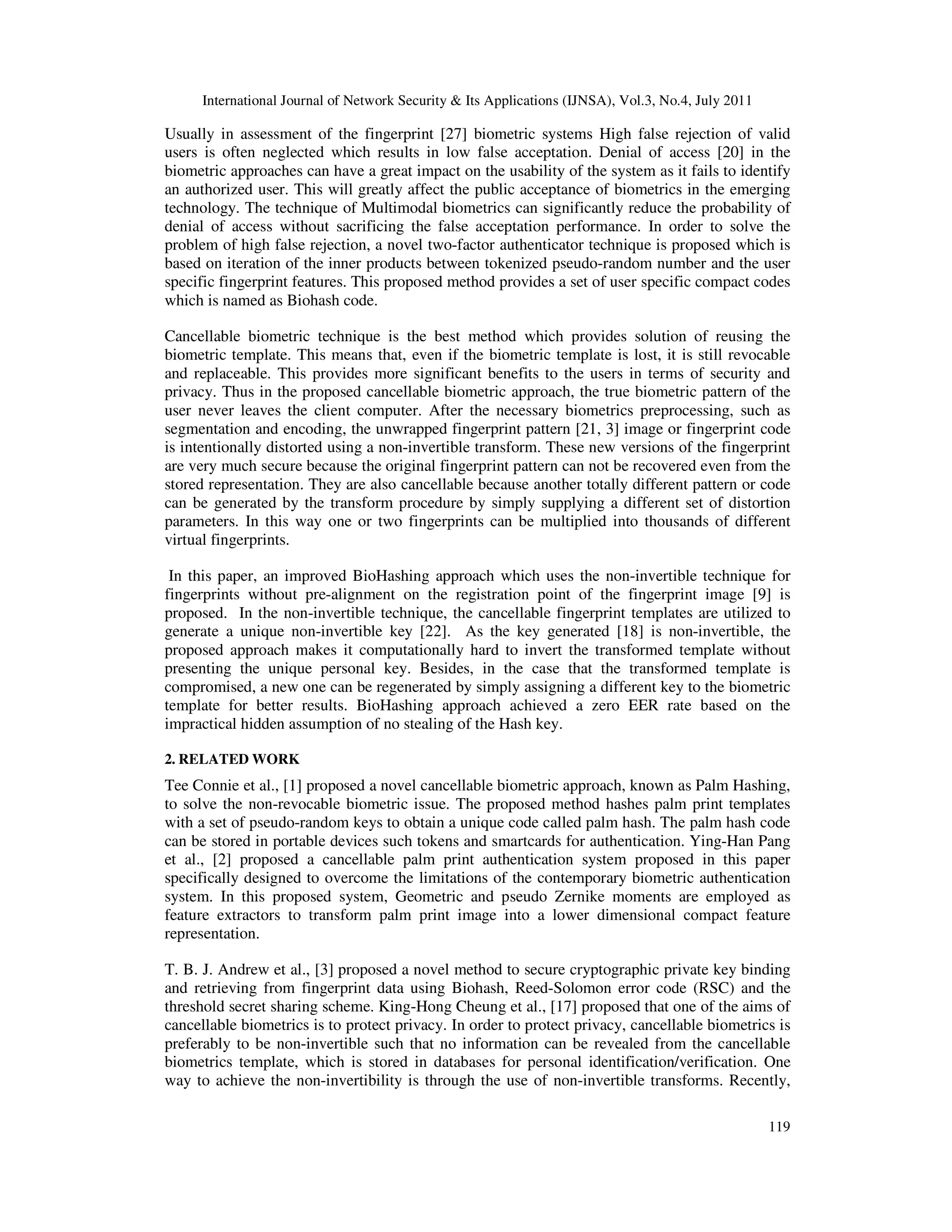 AN EVALUATION OF FINGERPRINT SECURITY USING NONINVERTIBLE BIOHASH | PDF