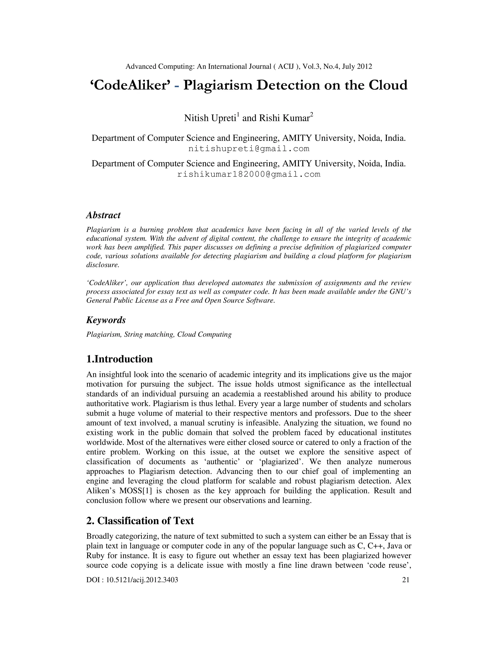 ‘CodeAliker’ - Plagiarism Detection on the Cloud | PDF | Programming Languages | Computing
