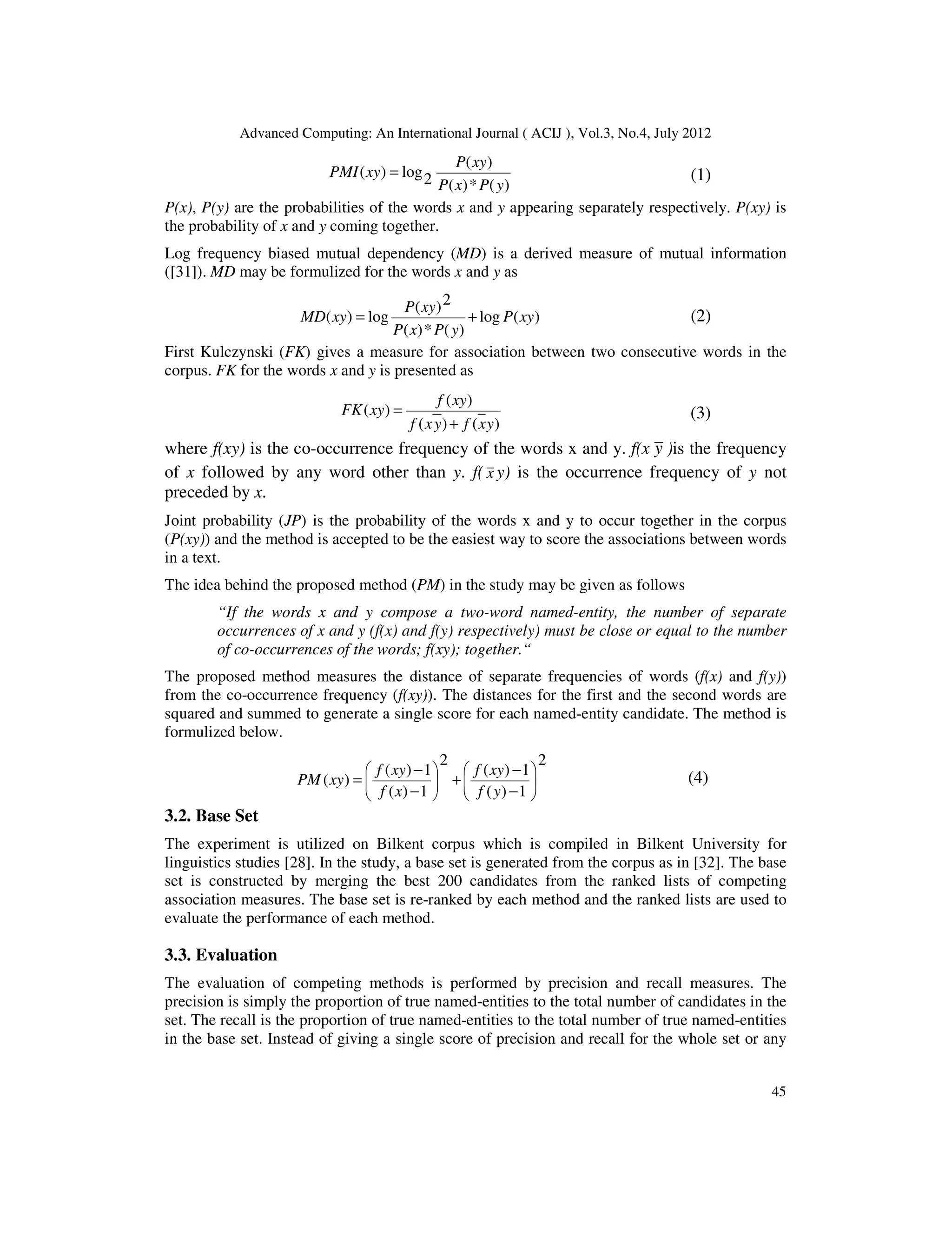 NAMED ENTITY RECOGNITION IN TURKISH USING ASSOCIATION MEASURES | PDF