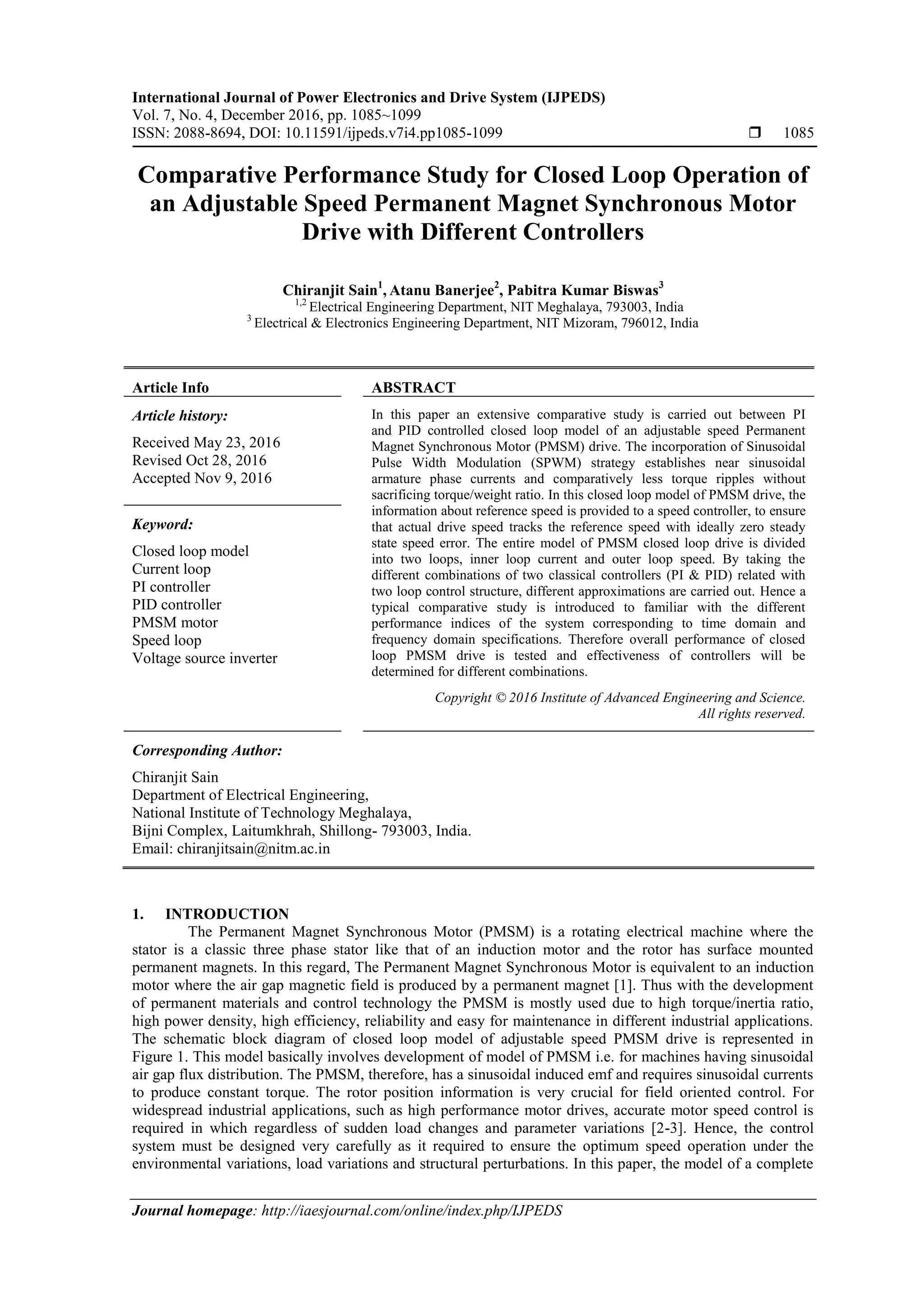 Comparative Performance Study for Closed Loop Operation of an ...