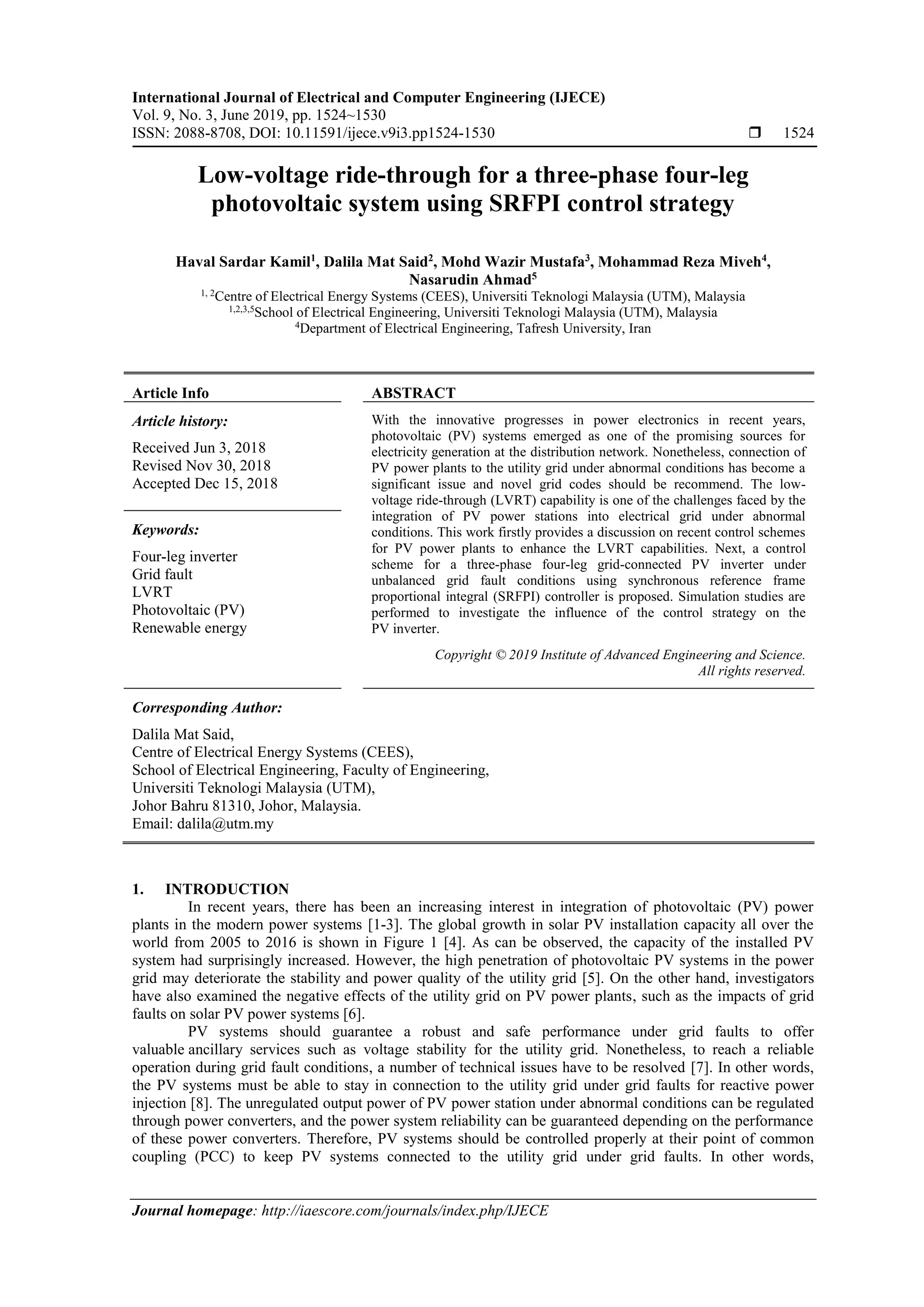 Low-voltage ride-through for a three-phase four-leg photovoltaic system ...