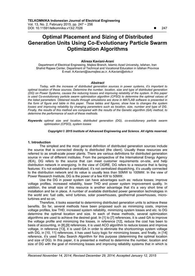 Optimal Placement And Sizing Of Distributed Generation Units Using Co Evolutionary Particle