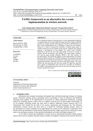 TAMEx framework as an alternative for e-exam implementation in wireless network | PDF