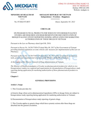 Circular 07/2022/TT-BYT: ON PHAMARCEUTICAL PRODUCTS FOR WHICH IN VIVO BIOEQUIVALENCE STUDIES ARE ...
