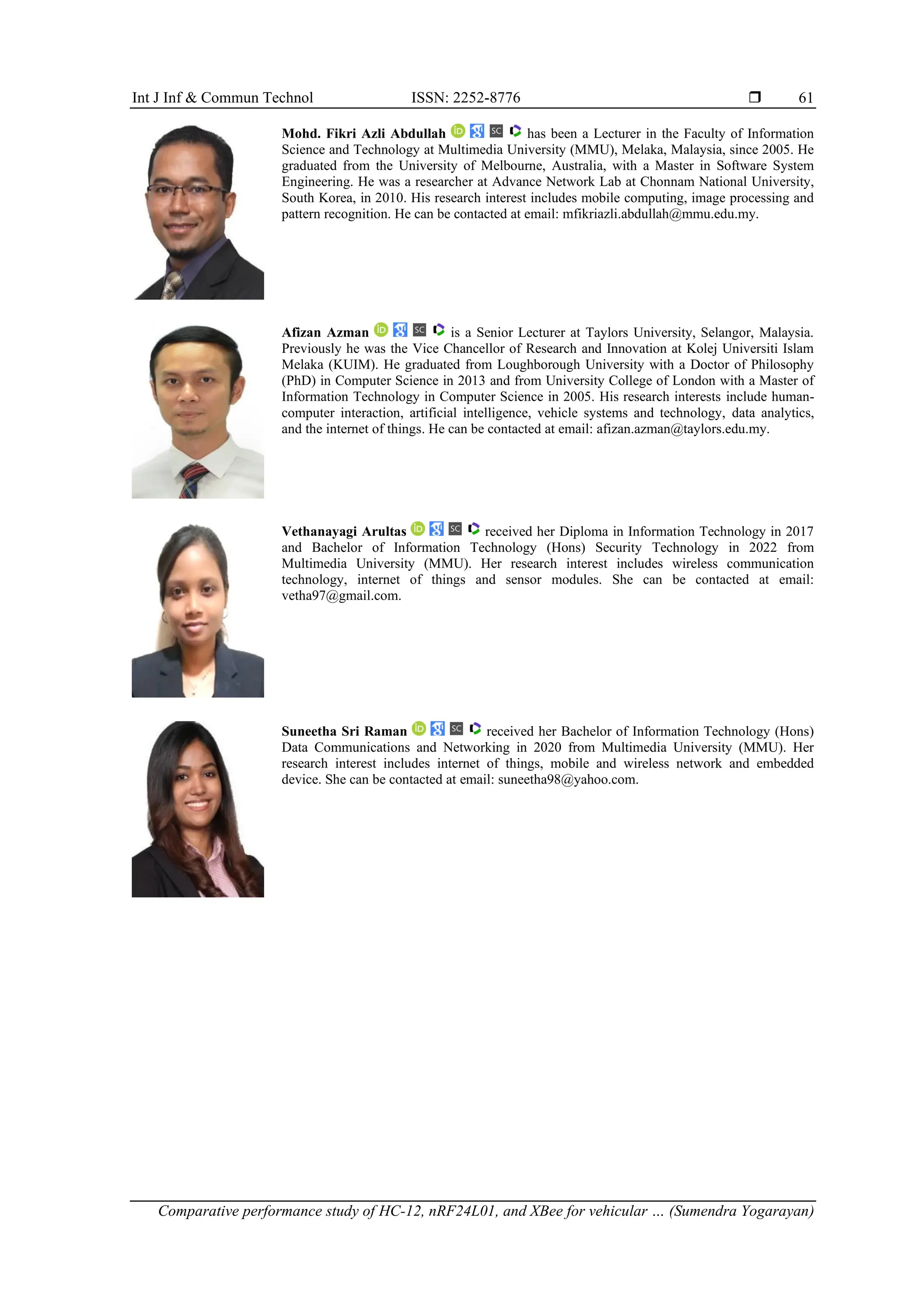 Comparative performance study of HC-12, nRF24L01, and XBee for vehicular communication | PDF