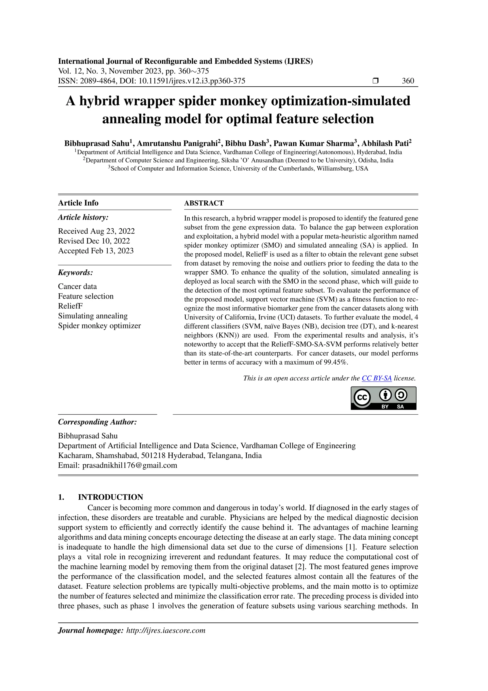 A hybrid wrapper spider monkey optimization-simulated annealing model for optimal feature ...