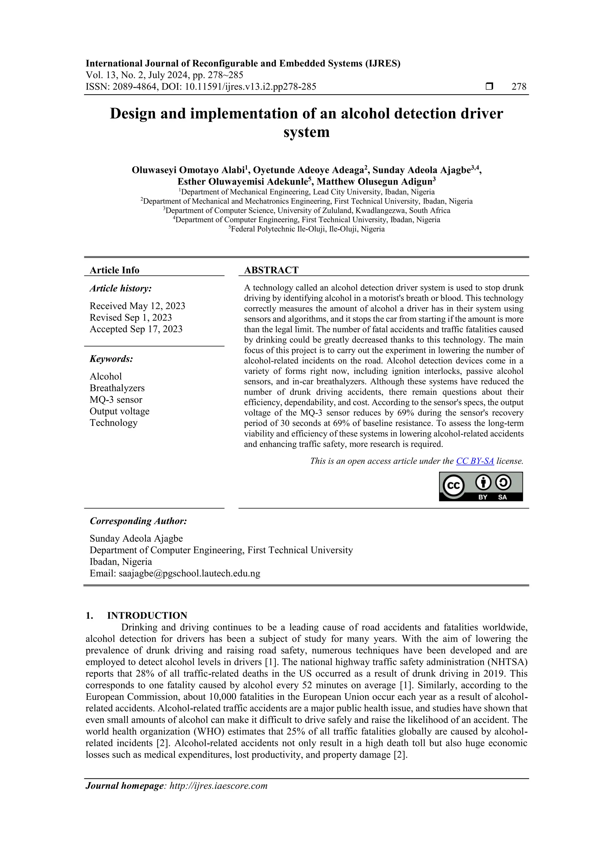 Design and implementation of an alcohol detection driver system | PDF