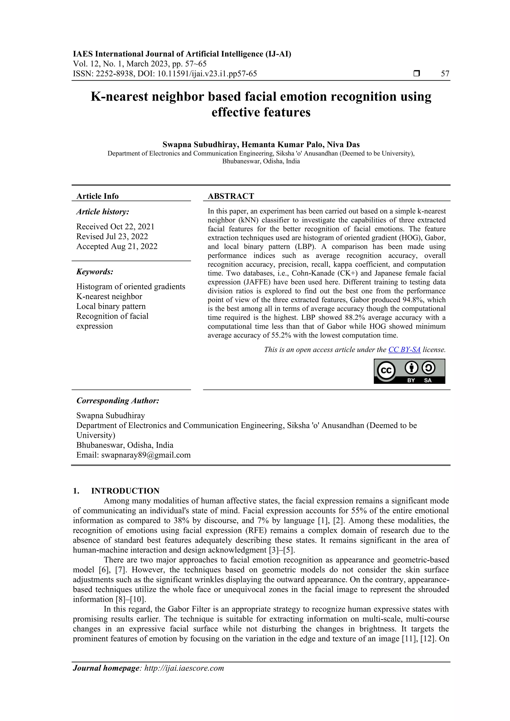 K-nearest neighbor based facial emotion recognition using effective features | PDF | Photo ...
