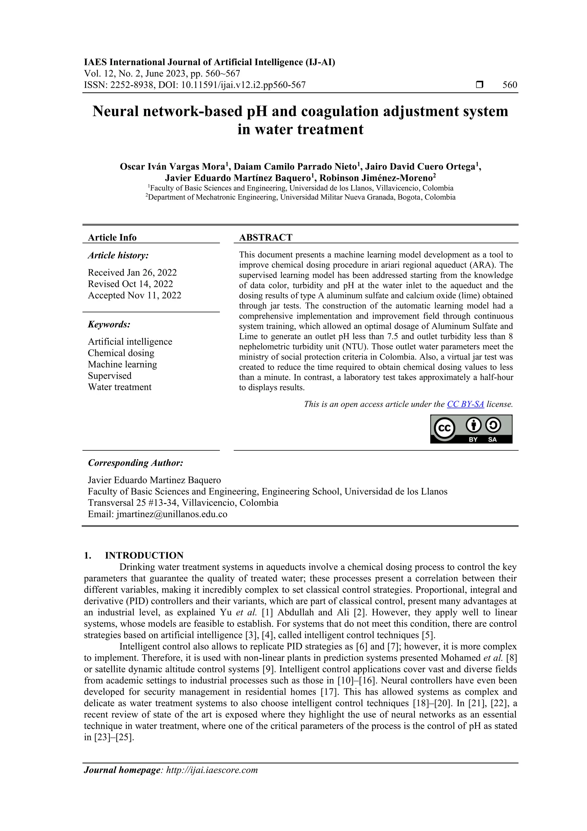 Neural network-based pH and coagulation adjustment system in water treatment | PDF