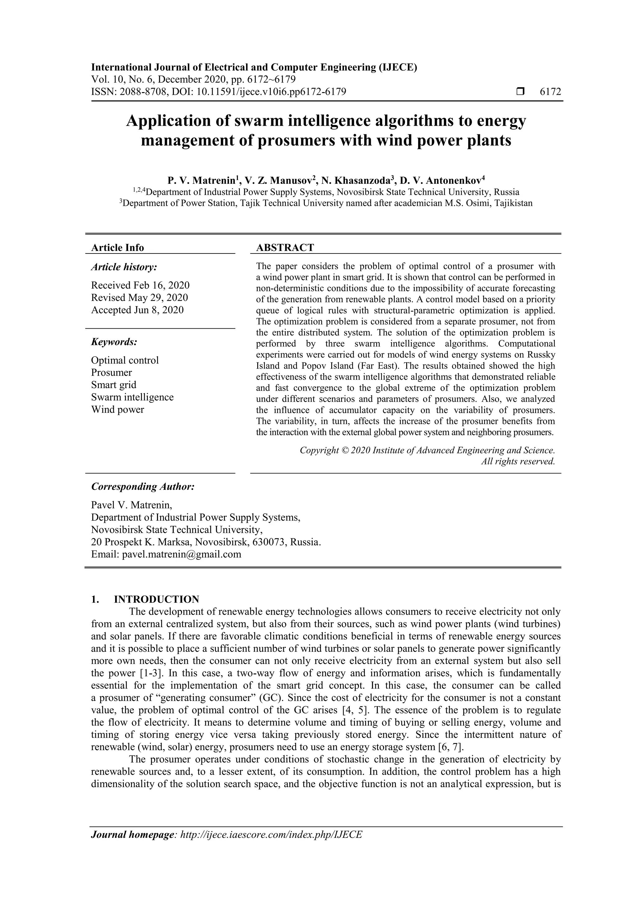 Application of swarm intelligence algorithms to energy management of prosumers with wind power ...