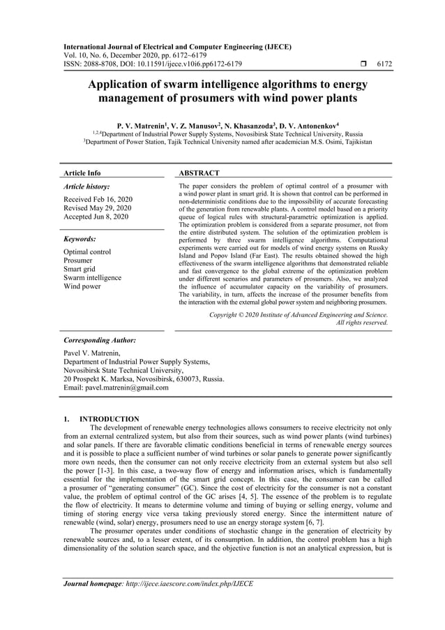 Application of swarm intelligence algorithms to energy management of prosumers with wind power ...