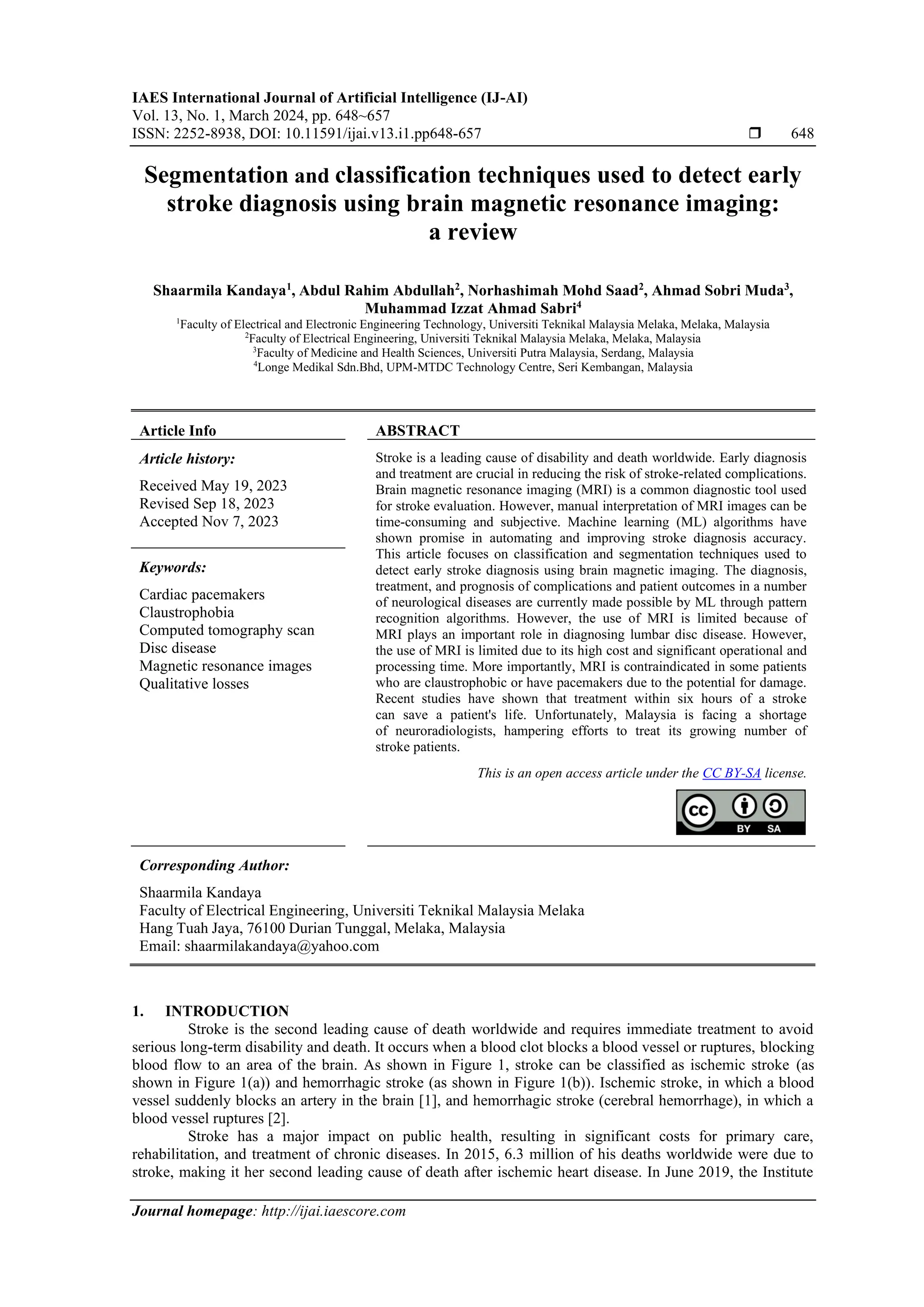 Segmentation and classification techniques used to detect early stroke diagnosis using brain ...