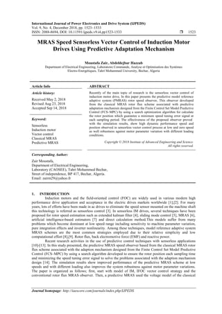 MRAS Speed Sensorless Vector Control of Induction Motor Drives using Predictive Adaptation ...