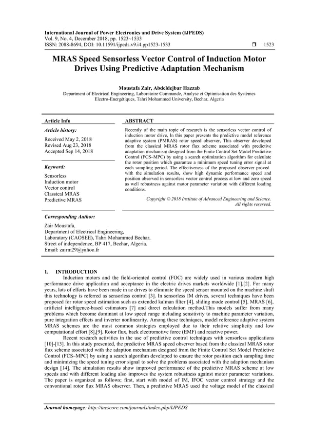 MRAS Speed Sensorless Vector Control of Induction Motor Drives using ...