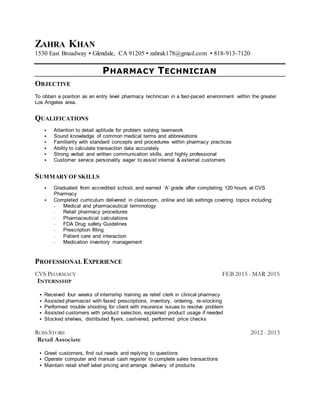 Resume (Pharmacy Tech) - Zahra1 | PDF