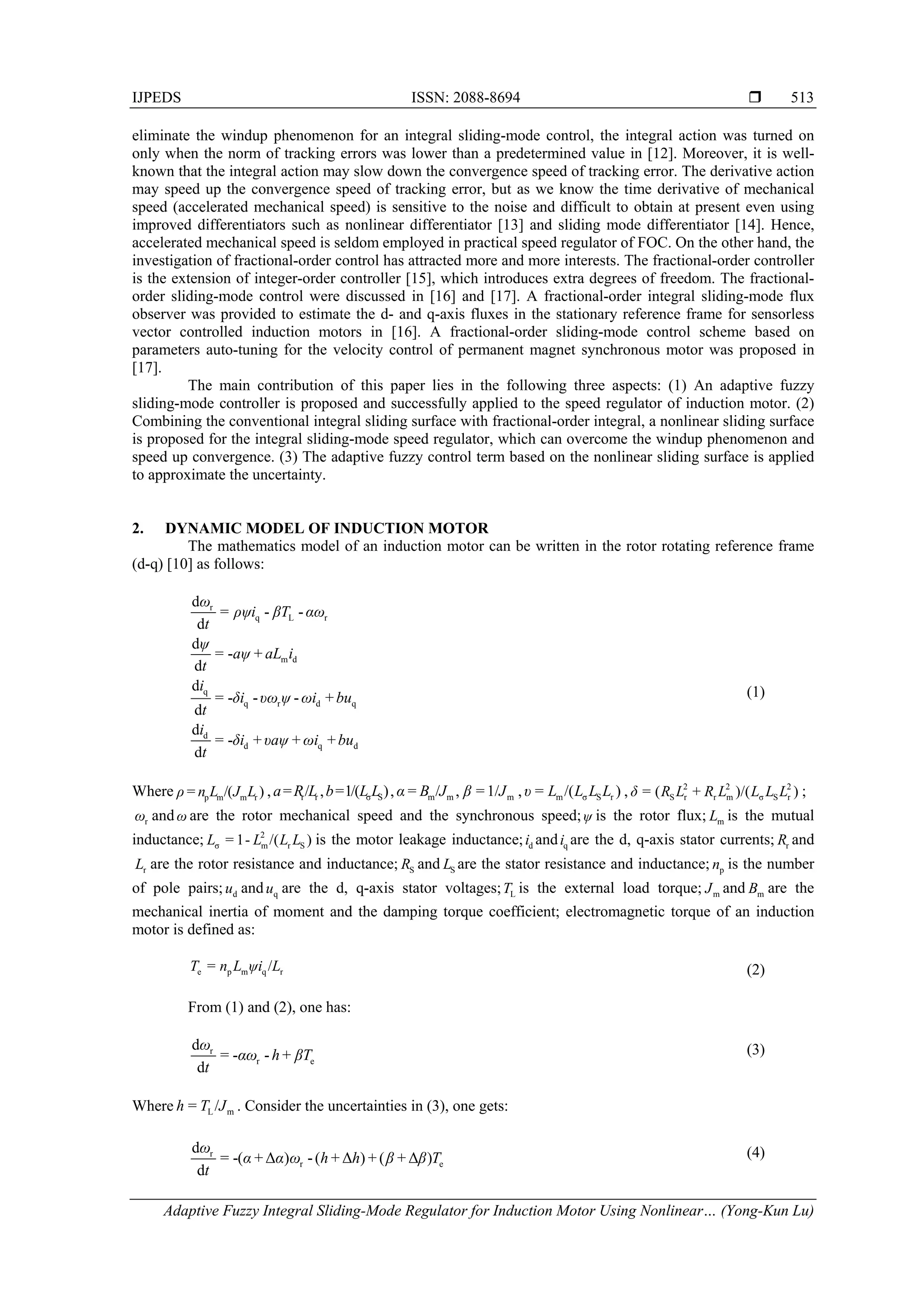 Adaptive Fuzzy Integral Sliding Mode Regulator For Induction Motor