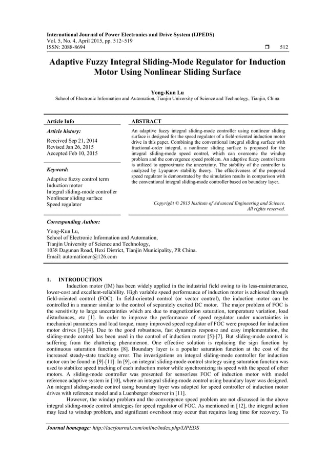 Adaptive Fuzzy Integral Sliding-Mode Regulator for Induction Motor Using Nonlinear Sliding ...