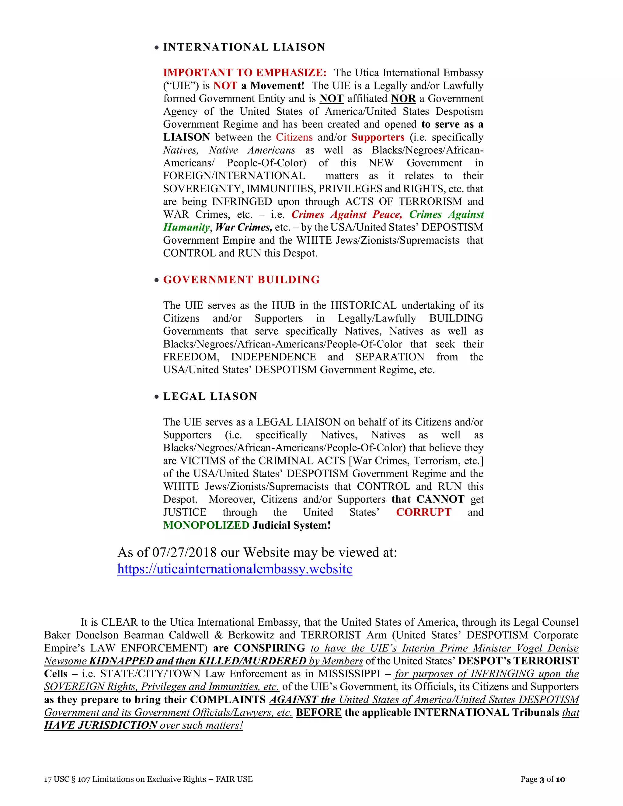 072718 Utica International Embassy Letter To United States Of America ...