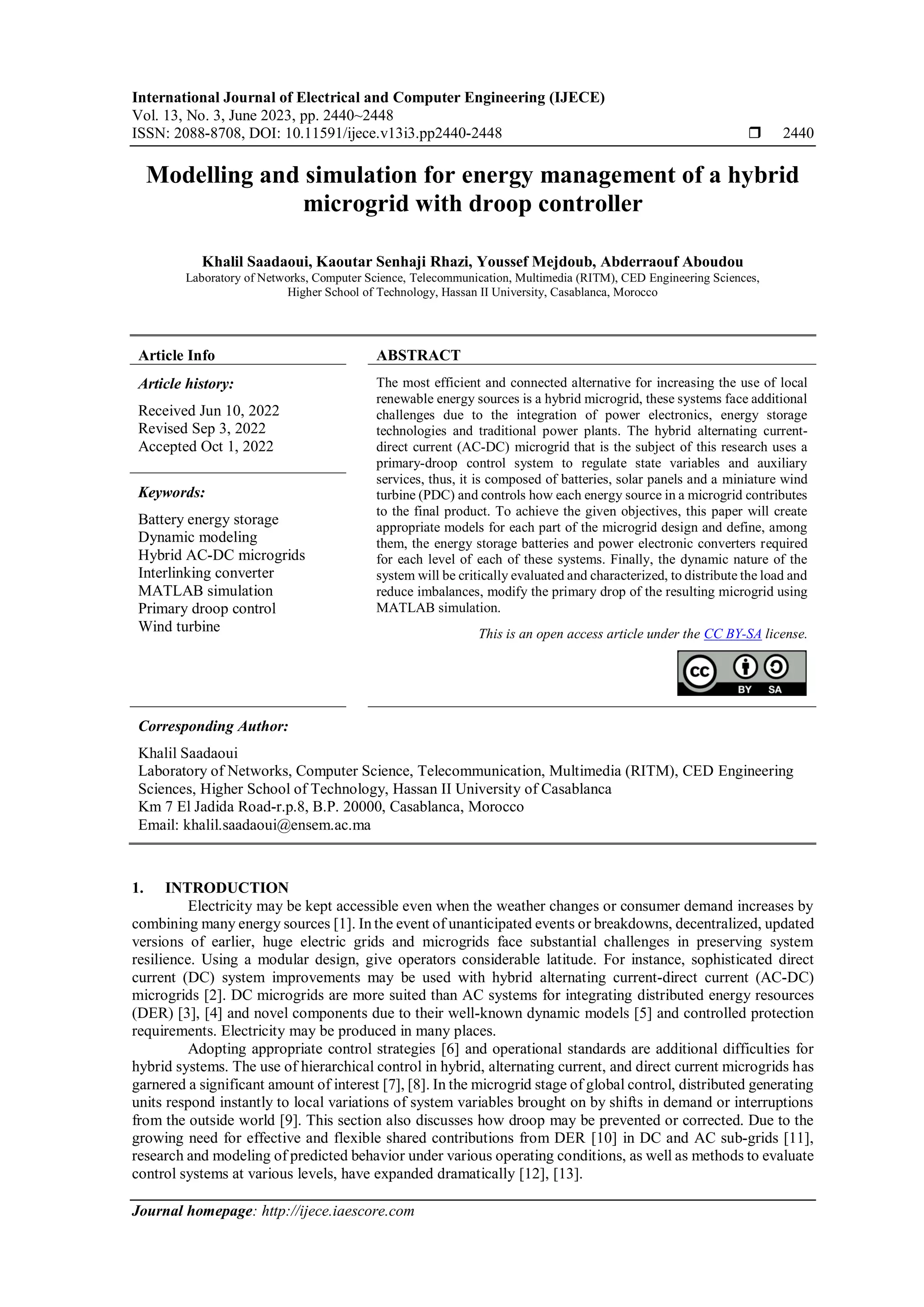 Modelling and simulation for energy management of a hybrid microgrid with droop controller | PDF