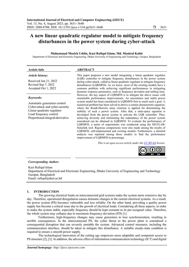 A new linear quadratic regulator model to mitigate frequency ...